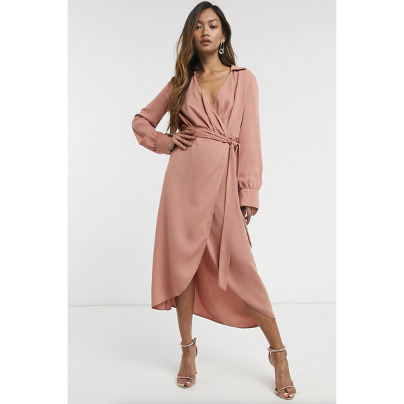 ASOS | Dresses | New Asos Pink Collared Wrap Midi Dress W Tie In ...